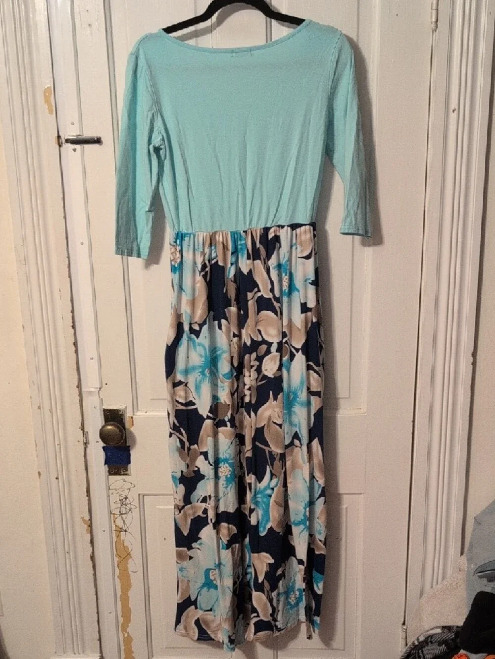 Dunea | Dresses | Floral Scoopneck Maxi Dress In Aqua And Navy | Poshmark